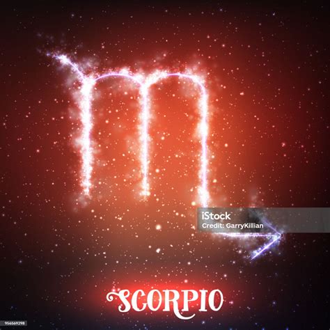 벡터의 빛나는 별과 공간 어두운 빨간색 배경에 추상 조디악 로그인 전갈 자리 전갈 자리 조디악 기호의 형태로 성운입니다 빛나는 조디악 서명 전갈 자리 전갈 그리스어