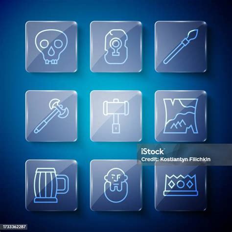 세트 라인 나무 맥주 머그잔 바이킹 머리 왕관 중세 창 전투 망치 장대도끼 해골 및 접힌 지도 아이콘 벡터 강철에 대한 스톡 벡터 아트 및 기타 이미지 Istock