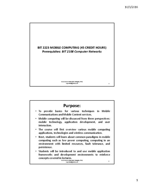 Mobile Computing Lectures Notes BIT MOBILE COMPUTING CREDIT HOURS Prerequisites BIT