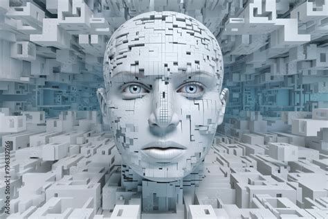 Humanoid Face With 3d Cubes And Shapes And Particles Around Her Face Symbol Of Augmented