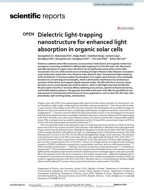 Pdf Dielectric Light Trapping Nanostructure For Enhanced Light Absorption In Organic Solar Cells