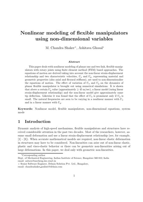 Pdf Nonlinear Modeling Of Flexible Manipulators Using Nondimensional Variables