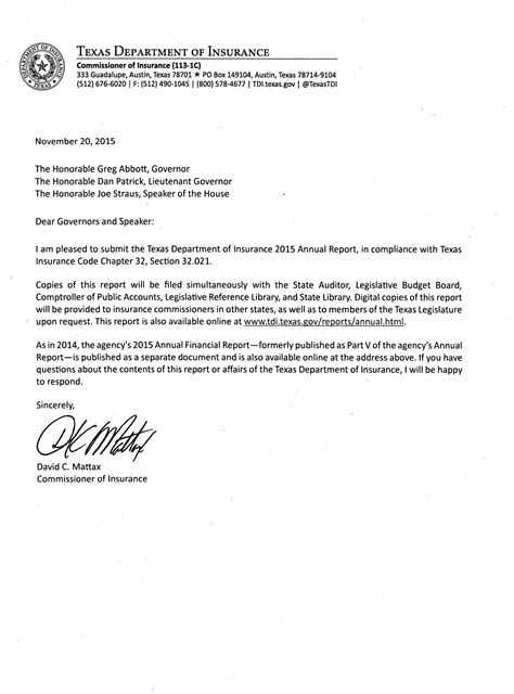 Texas Department Of Insurance Annual Report 2015 Page Transmittal