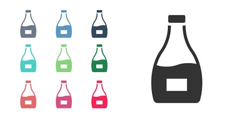 흰색 배경에 격리 된 블랙 소스 병 아이콘 케첩 겨자 마요네즈 병에 소스를 얹고 패스트푸드를 먹습니다 다채로운 아이콘을 설정합니다 벡터 겨자에 대한 스톡 벡터 아트 및 기타