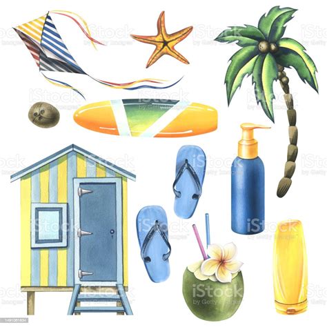 해변 오두막 서핑 보드 여름 휴가 및 휴가 액세서리 야자수 자외선 차단제가 포함된 사진 세트 수채화 그림 손으로 그린 흰색 배경에 격리된 개체입니다 클립 아트 수채화에 대한