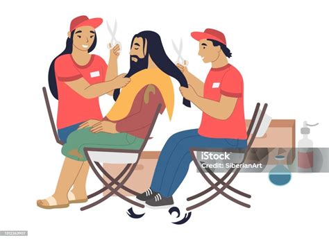 노숙자의 머리카락을 자르는 자원 봉사자 평평한 벡터 일러스트레이션 노숙자 자원 봉사 자선 에 대한 관심 공동체에 대한 스톡 벡터 아트 및 기타 이미지 Istock