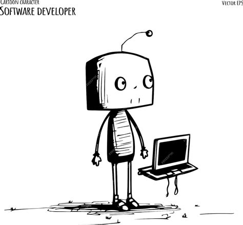 Programmer Working On Web Development On Laptop Computer Software Developers Hand Drawn Vector