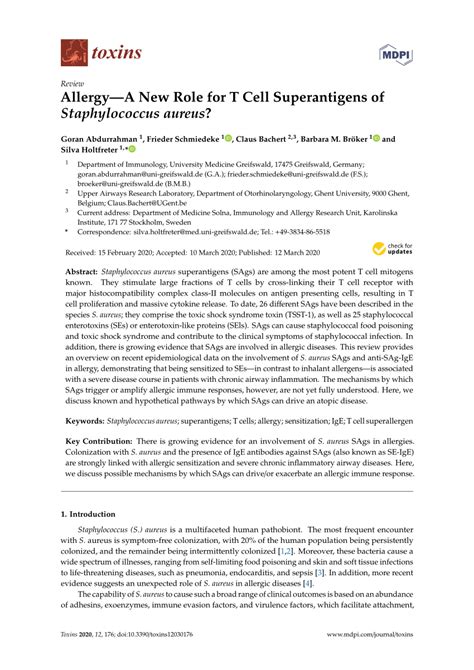 Pdf Allergy—a New Role For T Cell Superantigens Of Staphylococcus Aureus