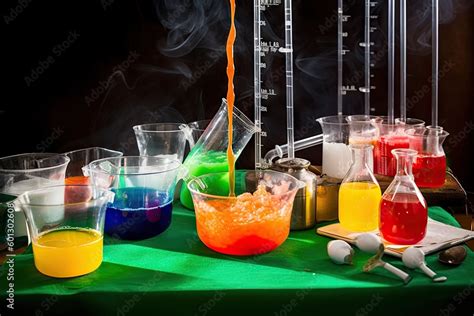 Science Experiment With Ingredients And Equipment Visible Mixing Together To Create Chemical