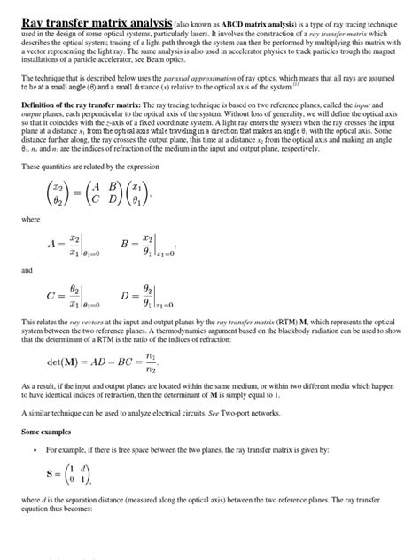 Ray Transfer Matrix Analysis Optics Lens Optics