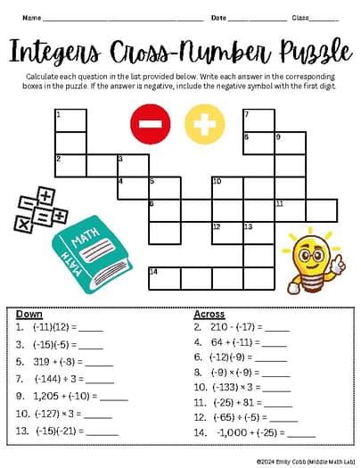 Integer Operations Crossnumber Puzzle Free By Middle Math Lab