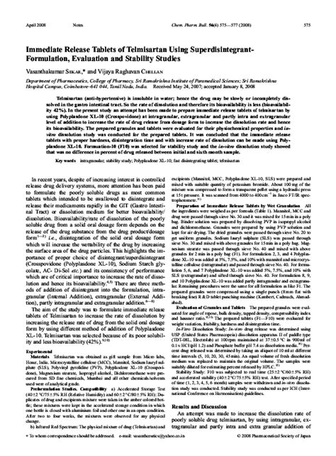 Pdf Immediate Release Tablets Of Telmisartan Using Superdisintegrantformulation Evaluation