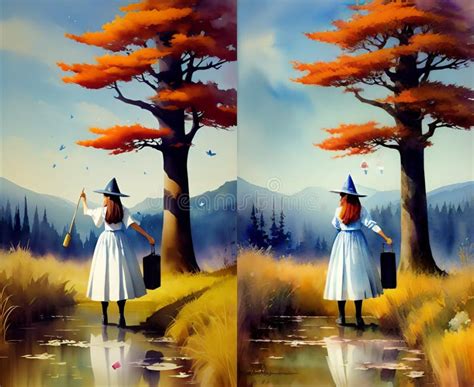 Spot The Difference Witch Under Tree Illustration Stock Illustration