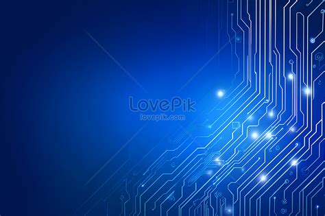 흰색 회로 보드 라인 및 조명 효과로 파란색 배경에 기술 컨셉 디자인