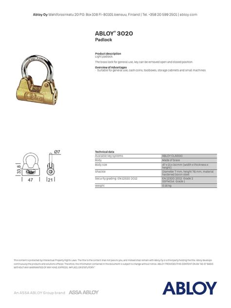 Abloy 3020c Data Sheet 1 Pdf