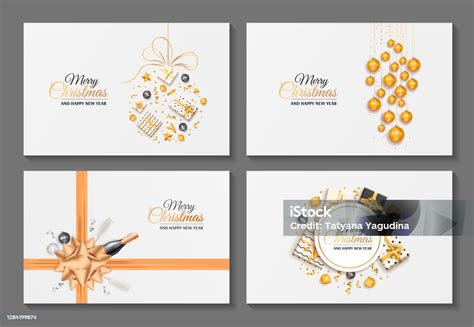 메리 크리스마스와 새해 맞이 카드 세트 흰색 검은 색과 황금 콜라주 선물 크리스마스 공 리본 활 샴페인 12월 31일에 대한