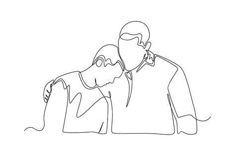 연속 한 선 그리기 아버지는 어린 아들을 가슴에 안고 있습니다 상승하는 10대 개념 단일 선 그리기 디자인 벡터 그래픽 그림