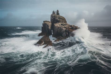 Sea Stack Jutting Out Of The Water Surrounded By Crashing Waves Stock