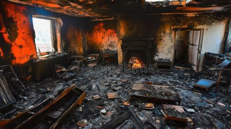 Devastating Fire Engulfing A Residential House At Sunset Stock