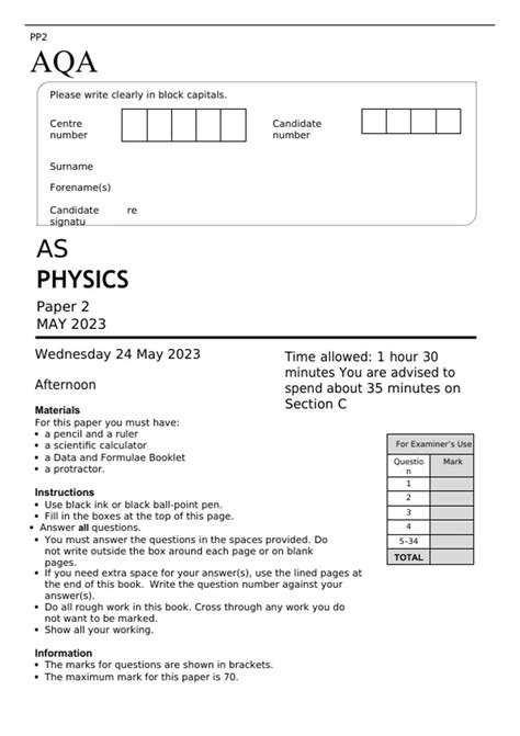 Aqa As Level Physics Paper 2 May 2023 Final Question Paper As Physics