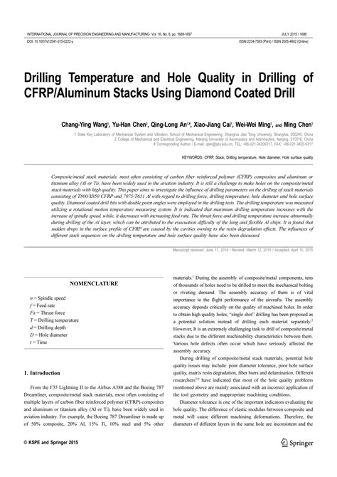 Pdf Drilling Temperature And Hole Quality In Drilling Of Cfrpaluminum Stacks Using Diamond