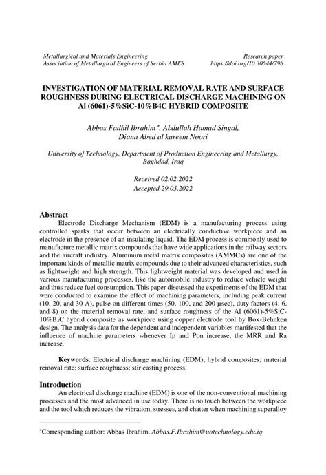 Pdf Investigation Of Material Removal Rate And Surface Roughness During Electrical Discharge