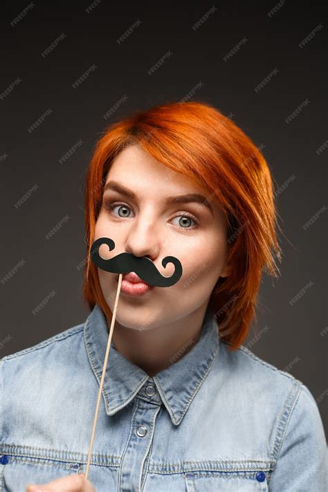 Free Photo Funny Redhead Woman Wear Fake Moustache