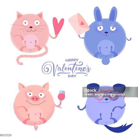 귀여운 둥근 고양이 돼지 토끼와 작은 마음 편지 와인 잔 발렌타인 데이 안경 흰색에 격리 플랫 텍스처 만화 스타일입니다 벡터 일러스트 컬렉션 그리기 가공의 인물에 대한 스톡