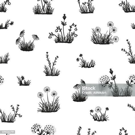 초원 꽃과 잔디의 실루엣 플로럴 원활한 패턴 손으로 그린 낙서 야생 꽃 야생화 벡터 배경 잔디에 대한 스톡 벡터 아트 및 기타 이미지 Istock