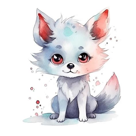 Premium Ai Image Adorable Wolf Happy Smiling Cute Soft Fluffy Big Eyes Watercolor Sunshine