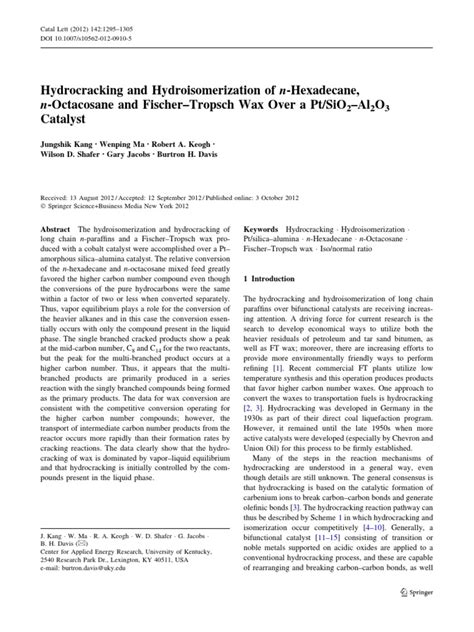 Hydrocracking And Hydroisomerization Of N Hexadecane Pt 5 Pdf Cracking Chemistry Alkane