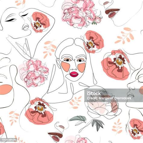 여자와 매끄러운 패턴은 꽃과 한 줄 예술 초상화에 직면 여성 얼굴 표정 모자 실루엣 배경에 손으로 그린 선형 여자 벡터 일러스트레이션 배경 주제에 대한 스톡 벡터 아트 및