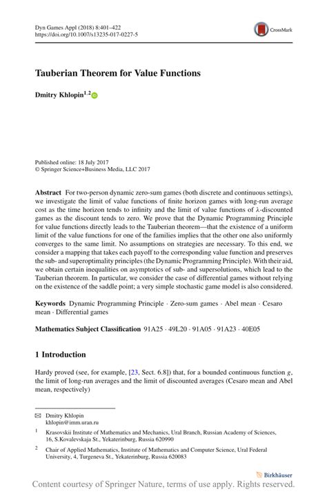 Tauberian Theorem For Value Functions Request Pdf
