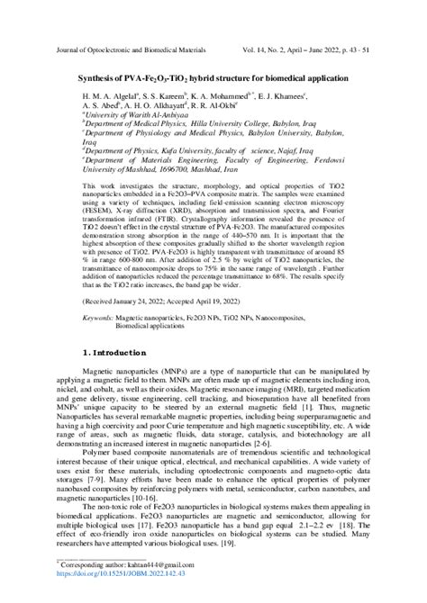 Pdf Synthesis Of Pva Fe2o3 Tio2 Hybrid Structure For Biomedical