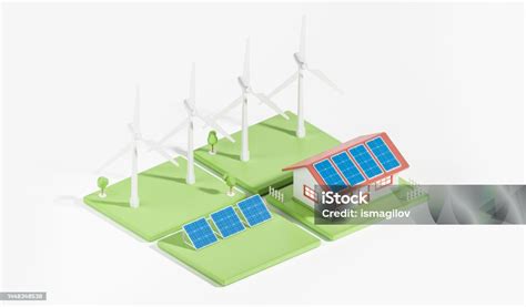 풍차와 태양 전지판이 있는 아이소메트릭 하우스 녹색 에너지 3차원 형태에 대한 스톡 사진 및 기타 이미지 3차원 형태 디지털 생성 이미지 집 Istock