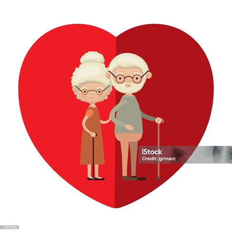 풍자 만화 전신 노인 부부 포옹된 수염된 할아버지 지팡이 할머니 곱슬 롤빵 머리와 화려한 심장 모양 인사말 카드 2명에 대한 스톡 벡터 아트 및 기타 이미지 Istock