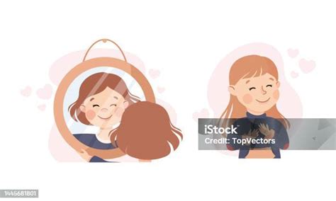 행복한 아이들은 자신을 사랑합니다 가슴에 손을 얹고 거울을 보는 소녀들 자기 사랑 수용 자기 관리 행복 개념 만화 벡터 일러스트 레이 션 감정에 대한 스톡 벡터 아트 및