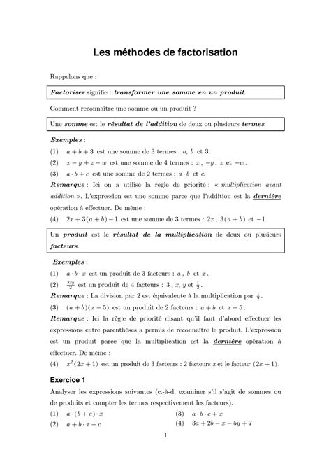 Solution Les Methodes De Factorisation Cours Et Exercices Corriges