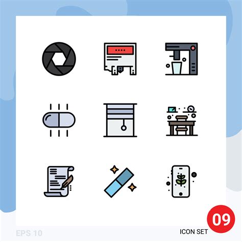 Universal Icon Symbols Group Of 9 Modern Filledline Flat Colors Of Curtain Medical Paper Drug