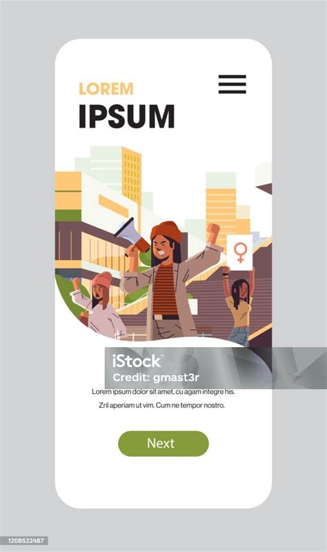 여성 성간판 과 현수막을 들고 항의하는 인종 운동가 혼합 페미니스트 시위 소녀 힘 운동 권리 보호 여성 권한 부여 개념 초상화