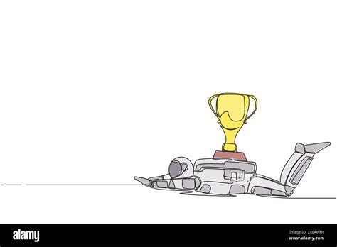 Single Continuous Line Drawing Young Astronaut Under Heavy Trophy Burden Spaceman Fail To