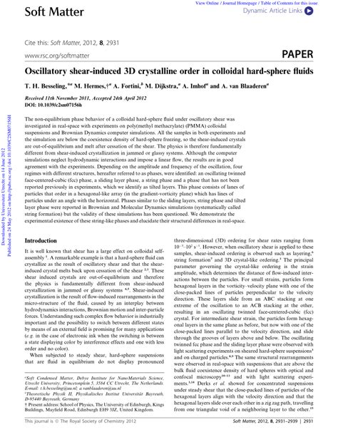 Pdf Oscillatory Shear Induced 3d Crystalline Order In Colloidal Hard Sphere Fluids