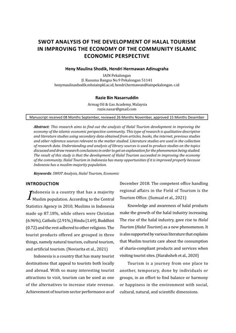 Pdf Swot Analysis Of The Development Of Halal Tourism In Improving The Economy Of The