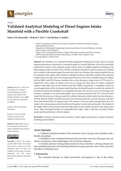 Pdf Validated Analytical Modeling Of Diesel Engines Intake Manifold With A Flexible Crankshaft
