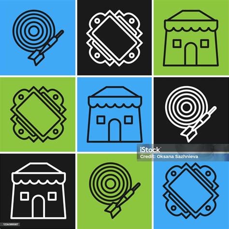 세트 라인 클래식 다트 보드와 화살표 서커스 텐트와 티켓 아이콘 벡터 건네주기에 대한 스톡 벡터 아트 및 기타 이미지