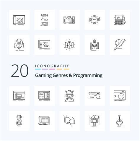20 Gaming Genres And Programming Line Icon Pack Like Handgun Swords Drawing Warrior Emblem