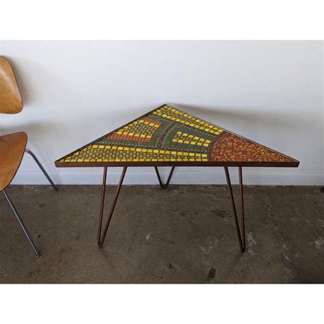 1950s California Mosaic Angular Side Table W Copper Hairpin Legs