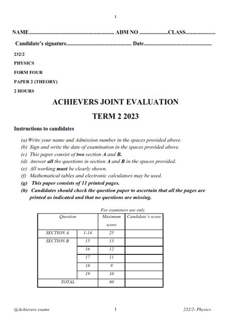 2023 Achievers June Mock Physics Paper 1 3 With Marking Schemes Elimu Cloud Notes Exams