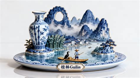 25d浮雕金属冰箱贴，磁吸背面， 悬浮岛造型作为冰箱贴基底轮廓边界， 青花瓷釉面材质，全场景蓝白主色调， 所有建筑人物自然元素统一青花瓷
