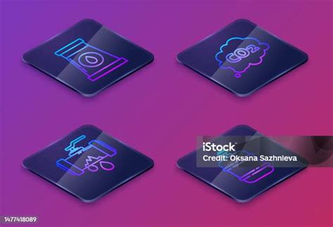 아이소메트릭 라인 설정 석유 및 가스 산업 공장 건물 물이 새는 깨진 금속 파이프 구름 및 프로판 가스 탱크의 Co2 배출량